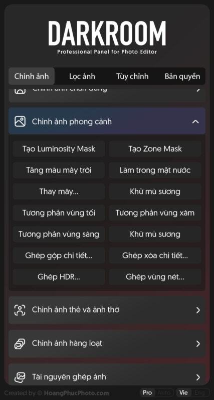 Panel DARKROOM - Hỗ Trợ Chỉnh ảnh Tự động Cho Dân Chuyên Nghiệp - HoangPhucPhoto